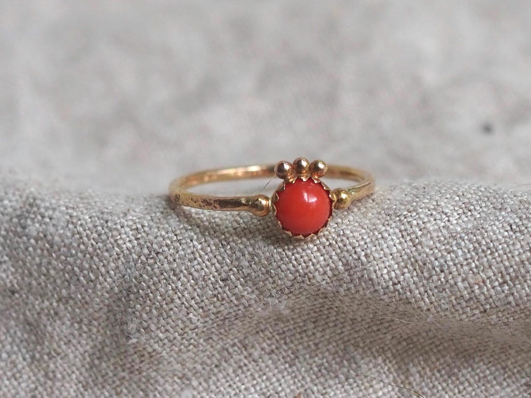 Red Coral Ring, Italian Coral, Natural Red Coral, 14k Gold Hammered ...