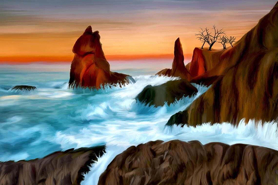 Seashore Ocean Waves Rocky Cliffs Fine Art Giclee Print Home Decor Wall ...