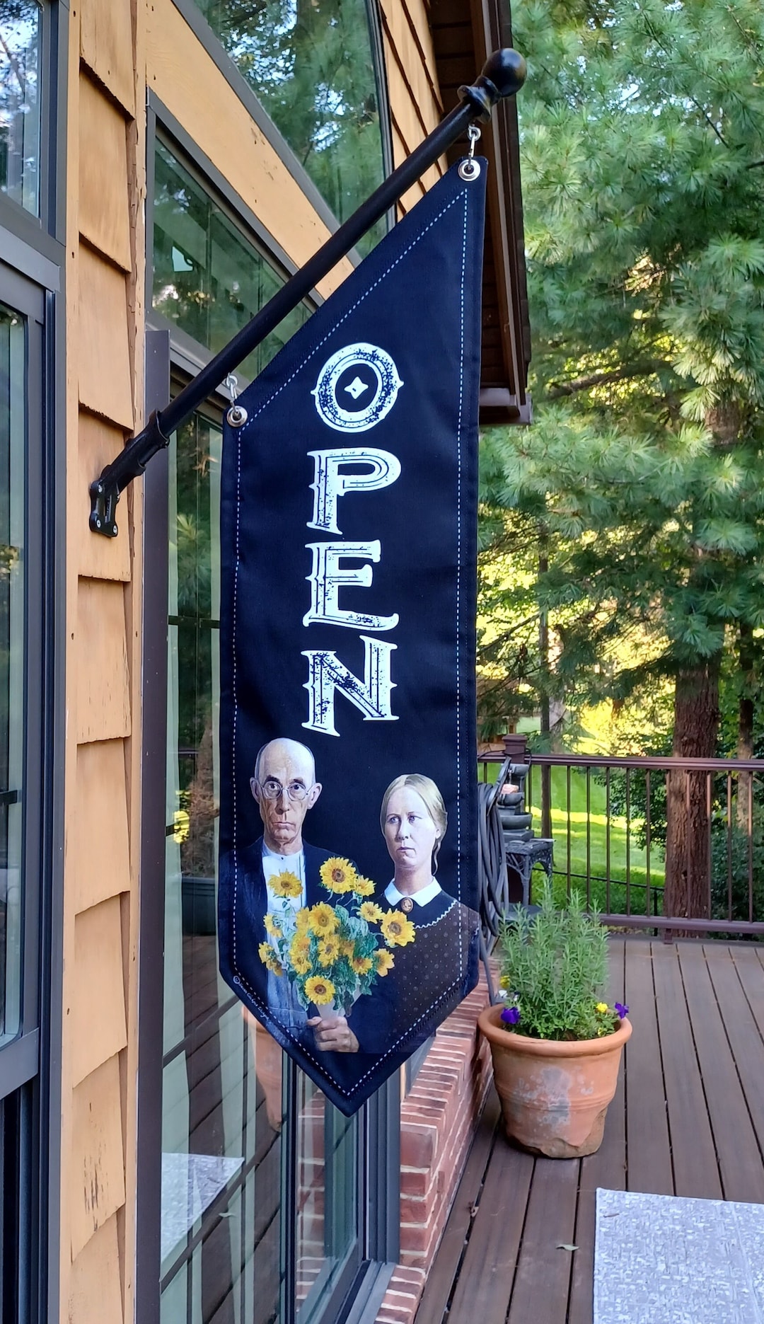 AMERICAN GOTHIC OPEN Flag With Sunflowers * Double Sided * Heavy Weight ...