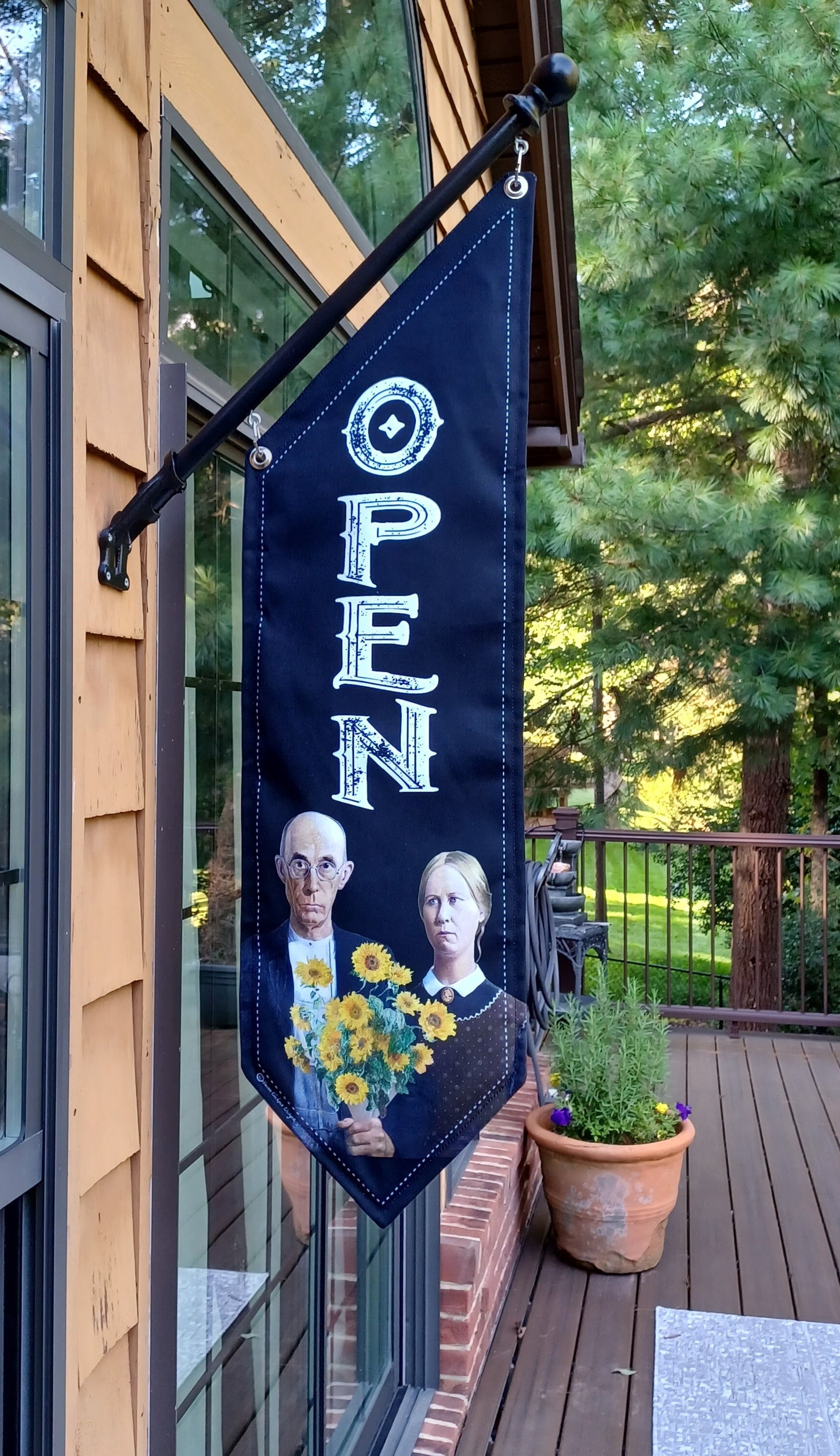 AMERICAN GOTHIC OPEN Flag With Sunflowers * Double Sided * Heavy Weight ...