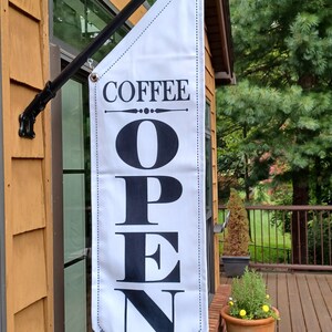 ELEGANT OPEN Flag With Top Phrase on WHITE Canvas Antiques Gallery ...