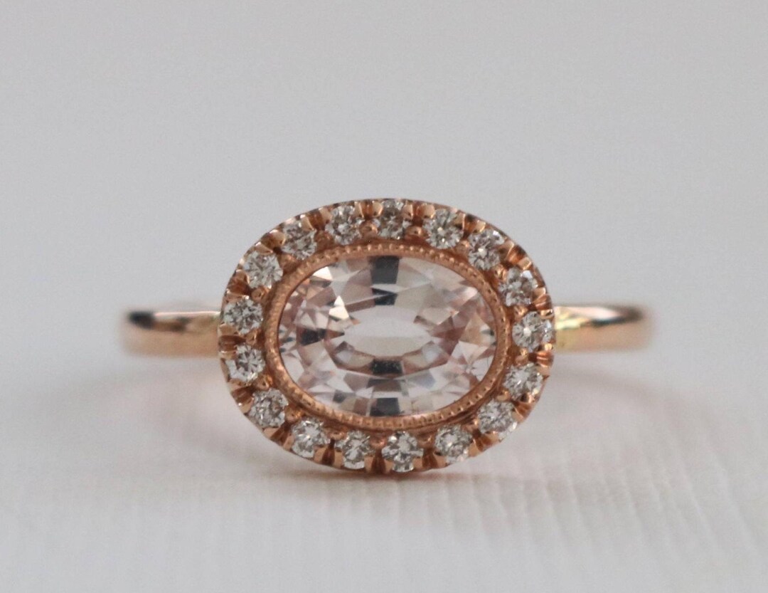 1.01 Ct. Oval Light Peach Sapphire Milgrain Bezel Halo Ring in 14K Rose ...