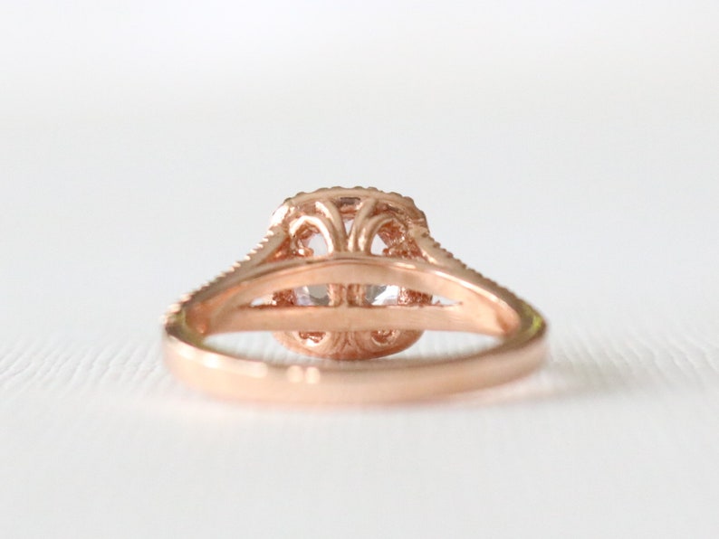 Round Peach Sapphire Split Shank Diamond Halo Engagement Ring - Etsy