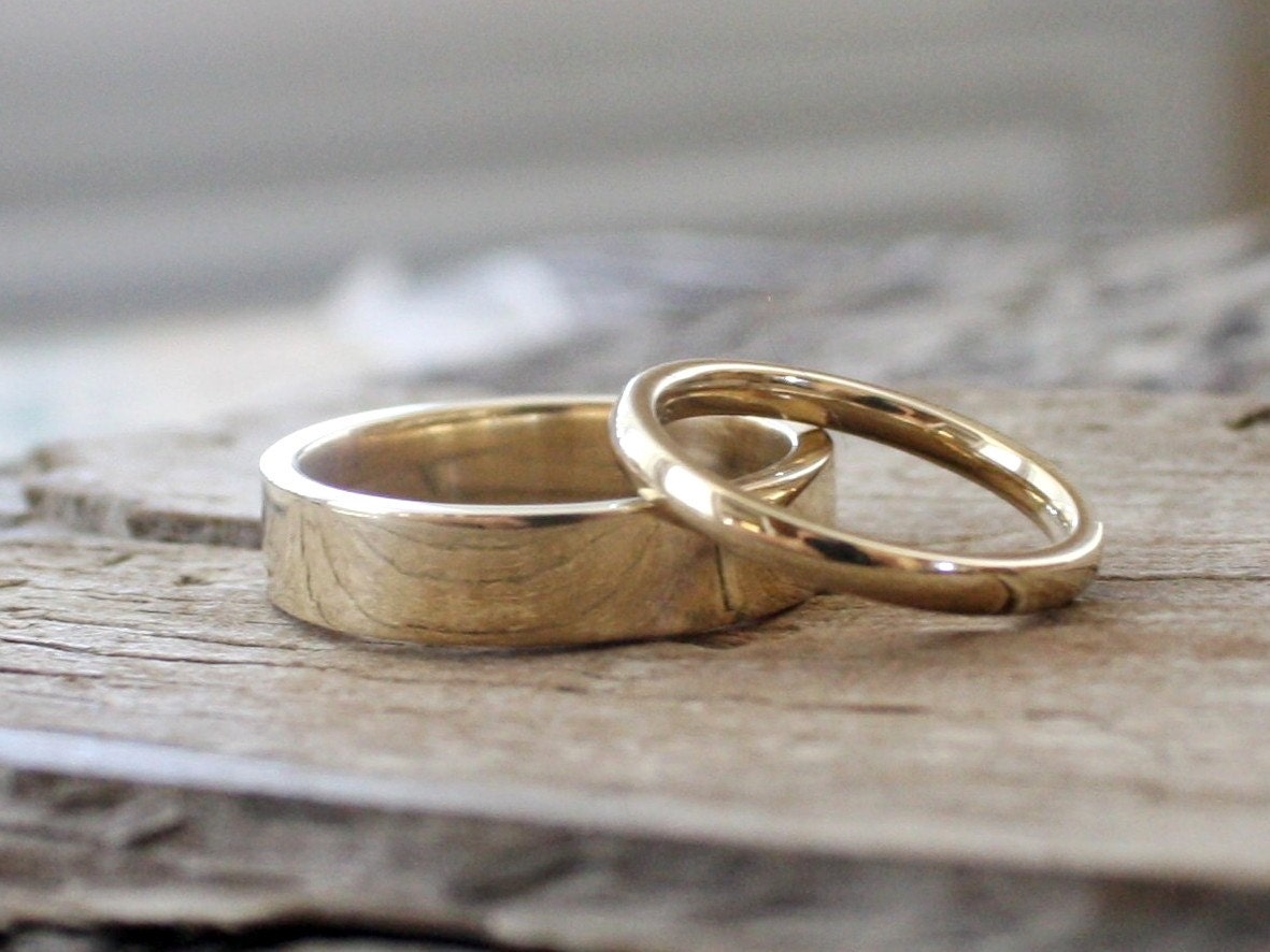 Matching Solid Yellow Gold Wedding Ring Set in 14K Wedding - Etsy