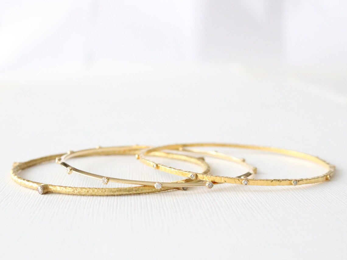 SET 3 Solid Gold Diamond Stacking Bangle Bracelets in 18K - Etsy SET 3 Solid Gold Diamond Stacking Bangle Bracelets in 18K - Etsy