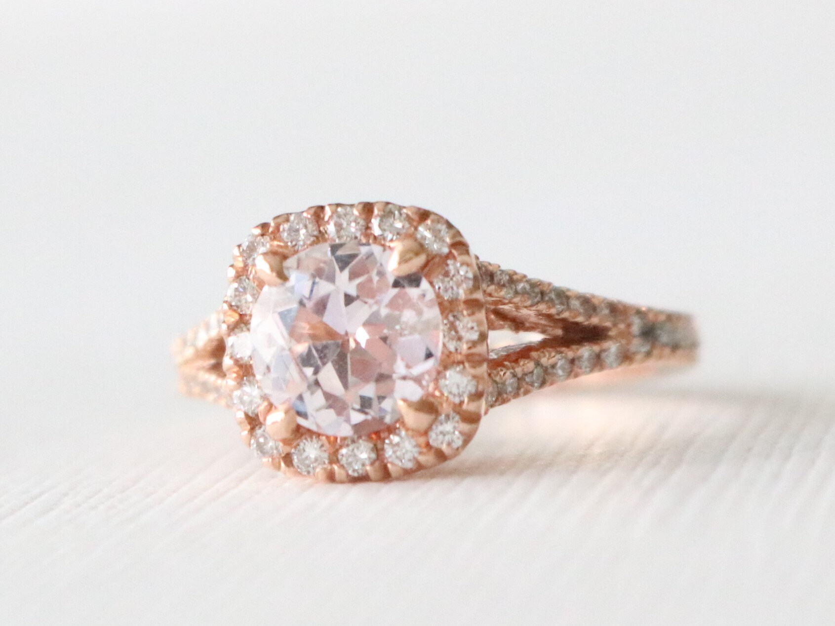 Round Peach Sapphire Split Shank Diamond Halo Engagement Ring | Etsy