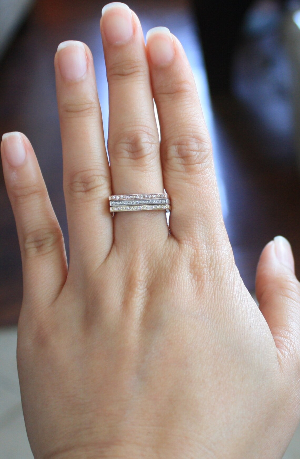 Tri-color Bar Milgrained Diamond Ring in 14K Gold - Etsy