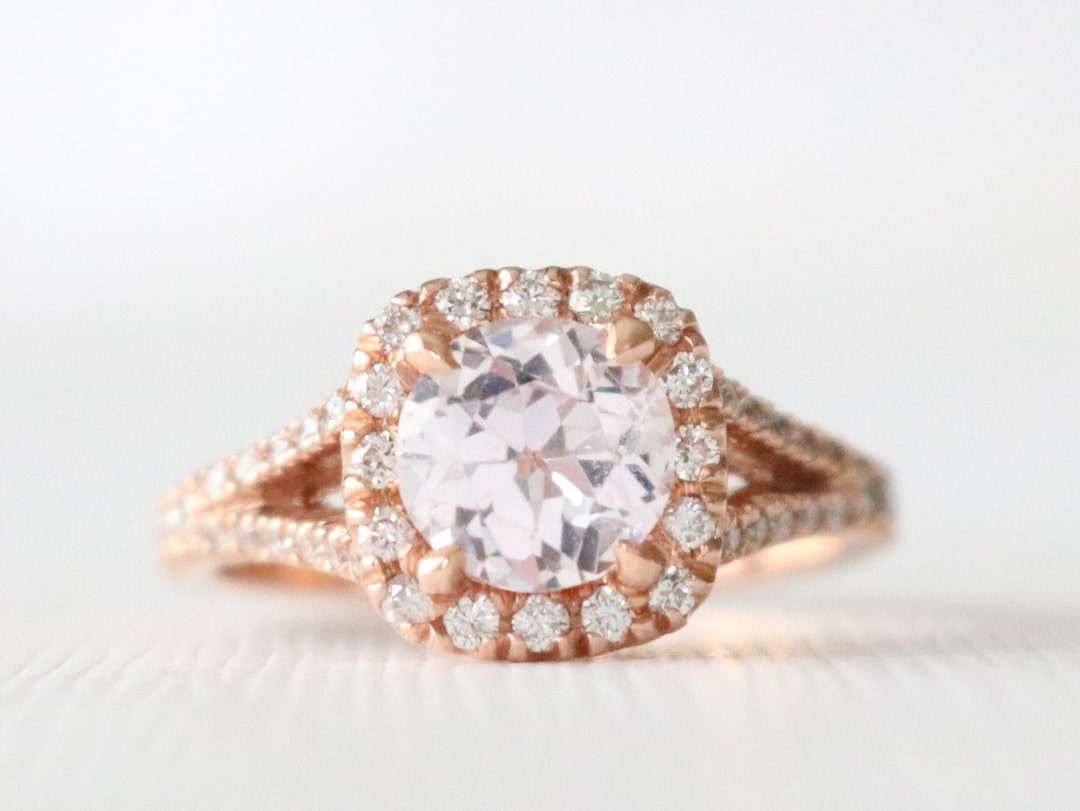 Round Peach Sapphire Split Shank Diamond Halo Engagement Ring in 14K ...