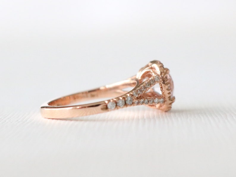 Round Peach Sapphire Split Shank Diamond Halo Engagement Ring - Etsy