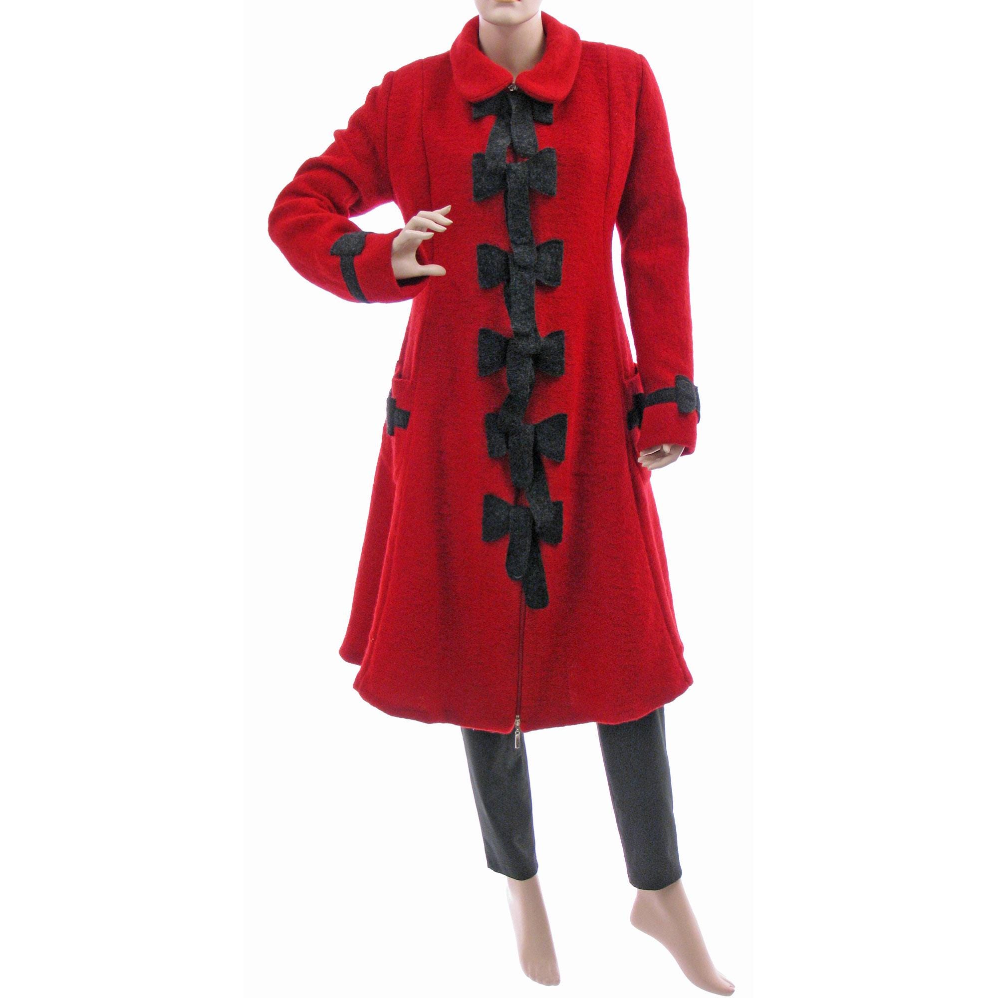 Red Rockabilly Wool Coat With Gray Bows, Red Fall Winter Boiled Wool ...