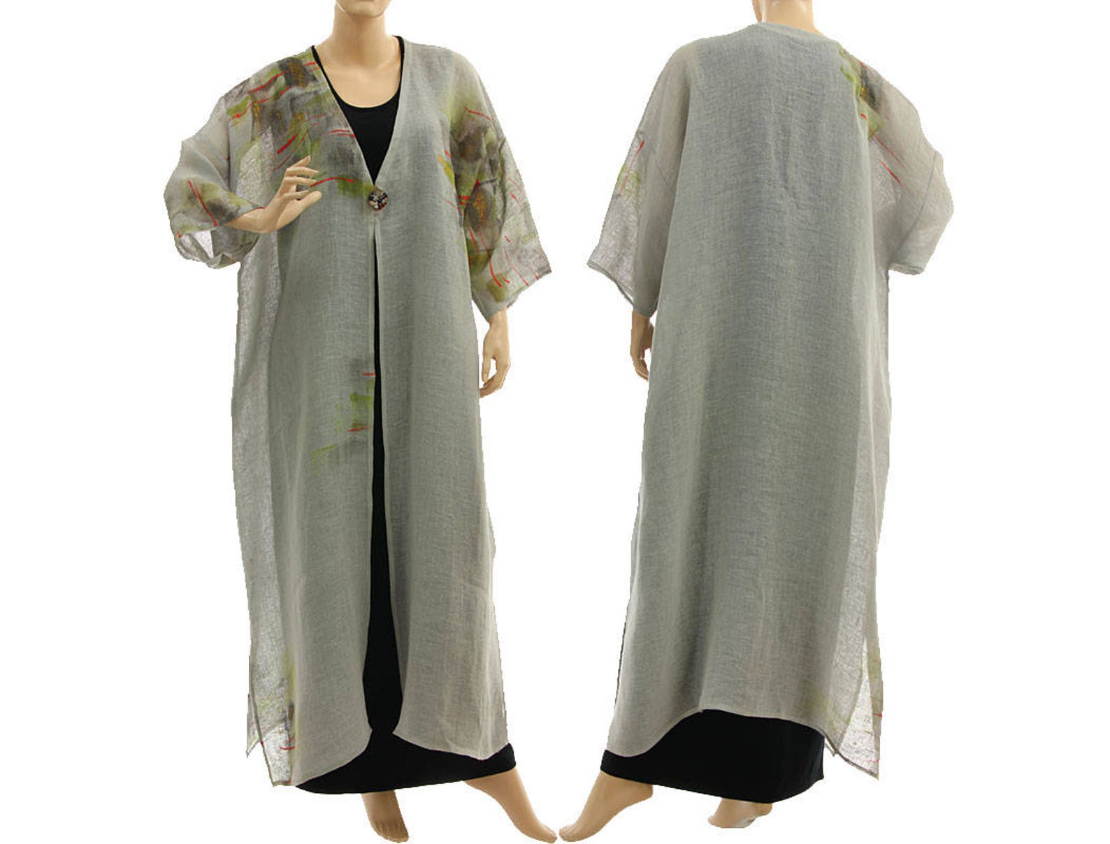 Boho Maxi Linen Plus Size Coat Duster, Long Hand Painted Party Evening ...