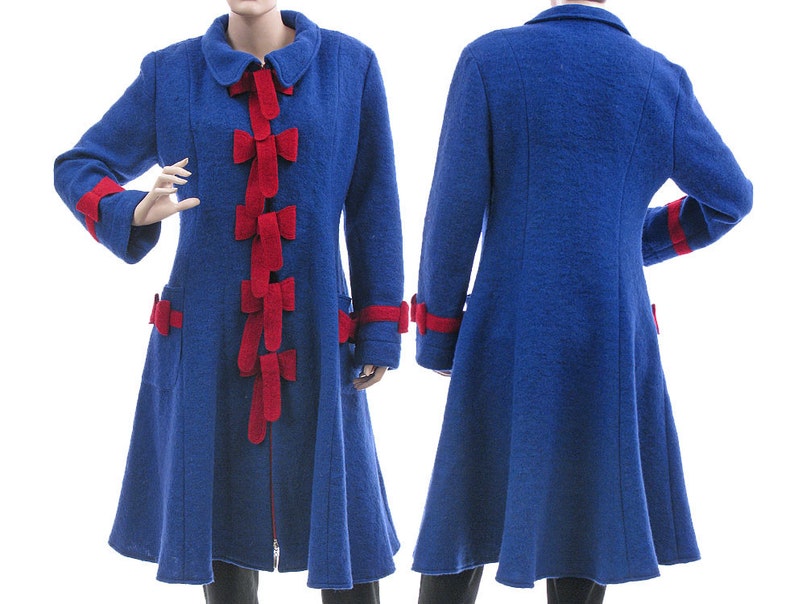 Cobalt Blue Boiled Wool Coat With Red Bows, Blue Fall Winter Rockabilly ...