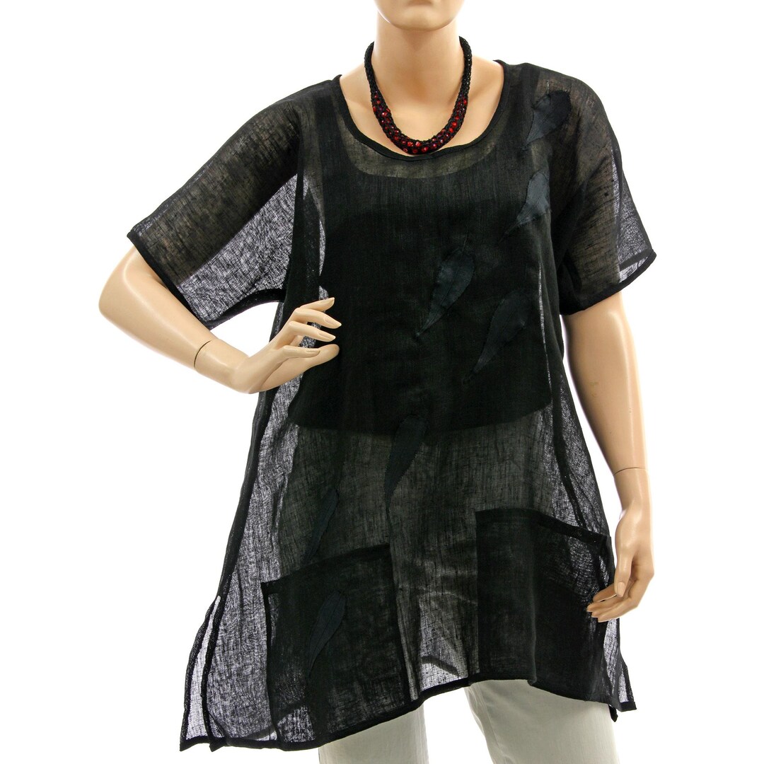 Black Linen Summer Tunic With Leaves, Black Summer Evening Party Top ...