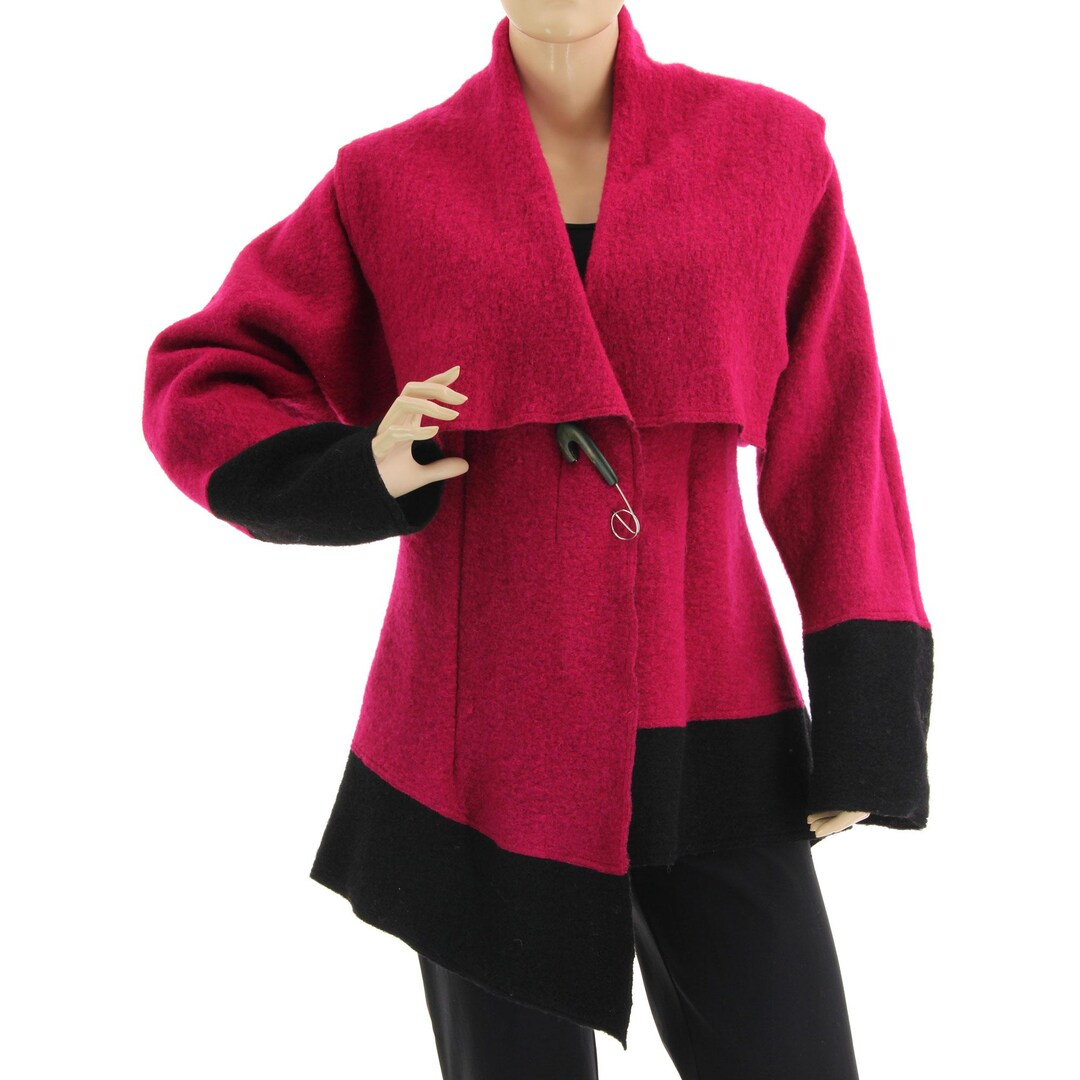 Stylish Wool Coat Jacket in Pink Black, Boiled Wool Batwing Jacket ...
