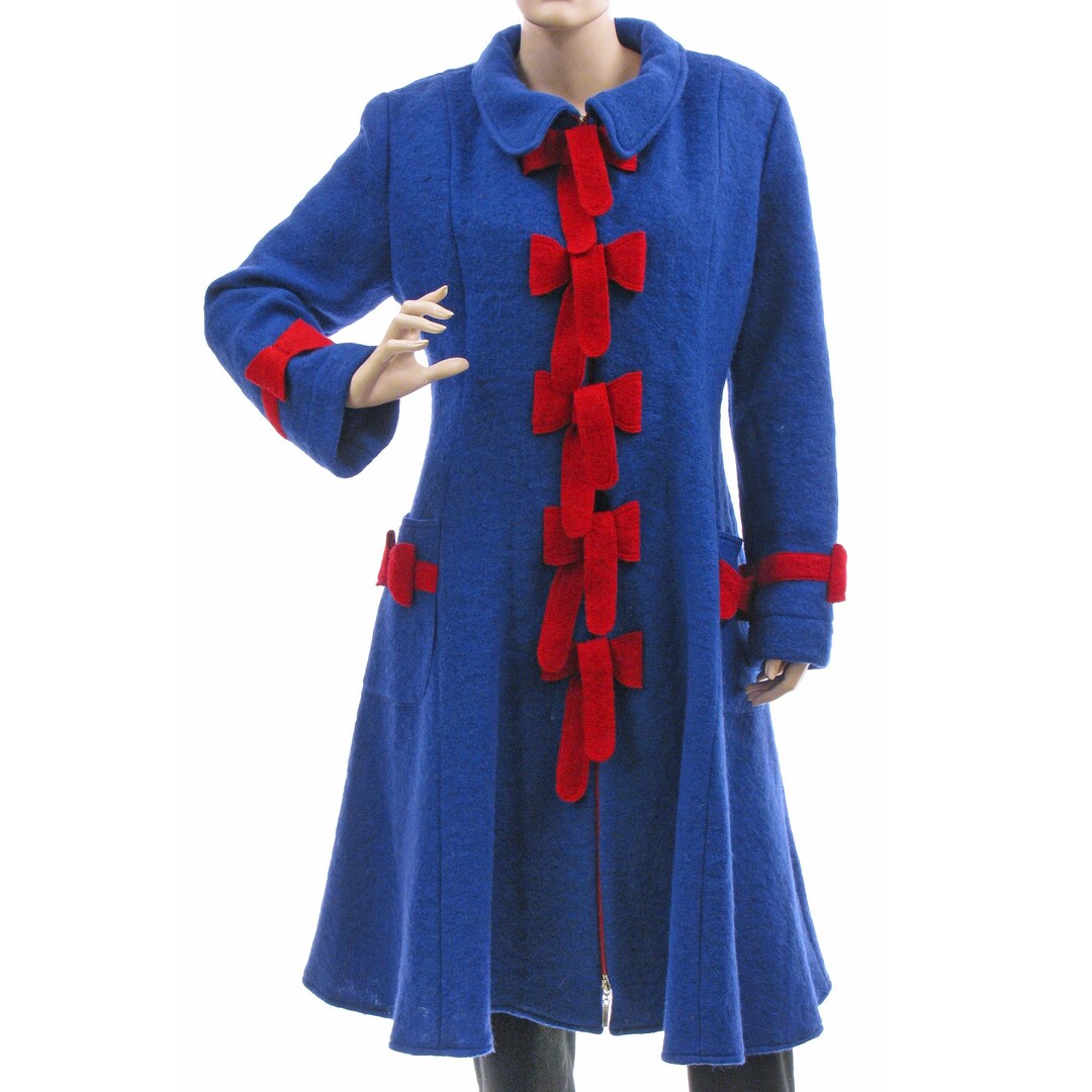 Cobalt Blue Rockabilly Wool Coat With Red Bows, Boiled Wool Fall Winter ...