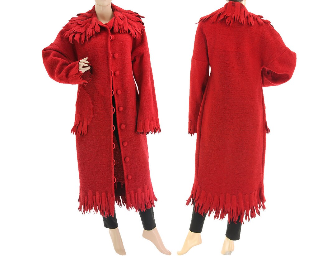 Red Fall Winter Maxi Wool Coat, Lagenlook Boiled Wool Coat, Long ...