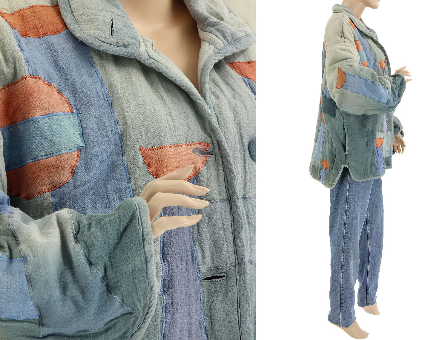 Cute Plus Size Patchwork Jacket Coat, Blue Apricot Warm Lined Cotton ...
