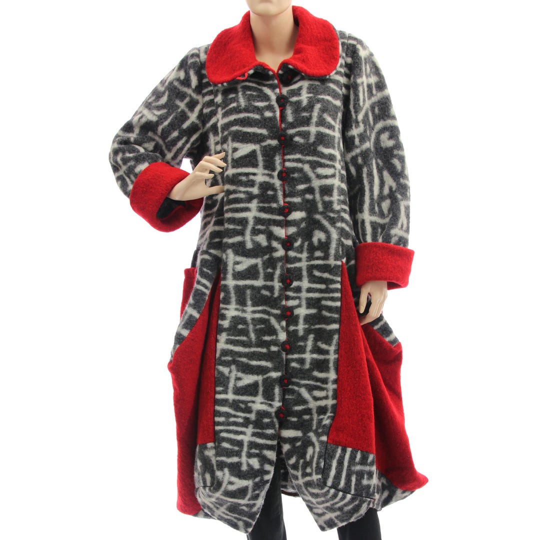 Parachute Coat in Gray White Red, Cute Fall Winter Boiled Wool Coat ...