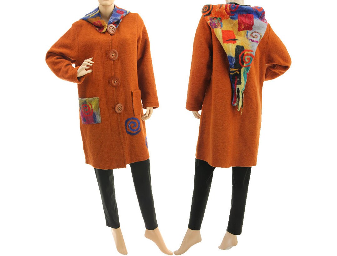 Hooded Wool Coat in Rust, Fall Winter Rust Boiled Wool Coat With Felt ...