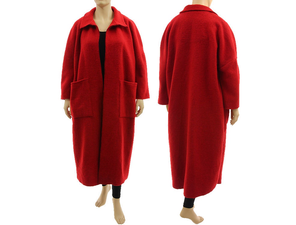Maxi Plus Size Red Wool Coat Duster, Fall Winter Spring Long Boiled ...