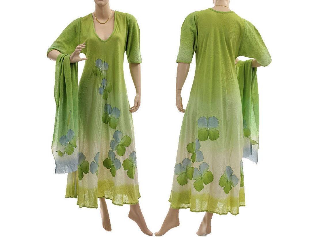 Maxi Flower Dress Green With Scarf, Hand Dyed Wedding Summer Party ...