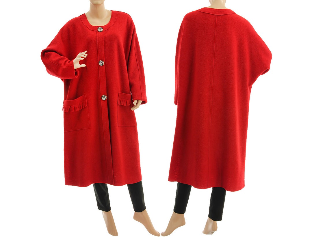 Red Plus Size Merino Wool Spring Coat, Red Must Have Lagenlook Coat ...