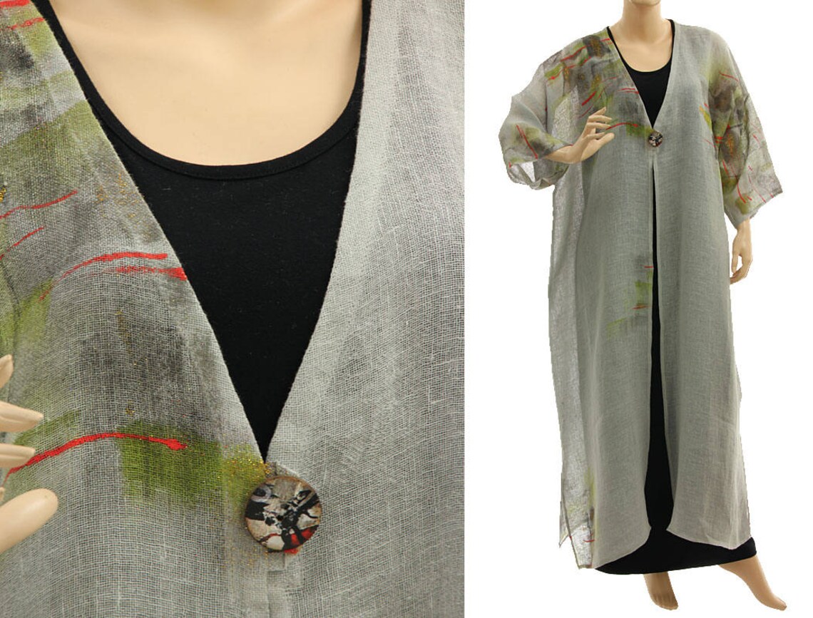 Boho Maxi Linen Plus Size Coat Duster Long Hand Painted Party - Etsy