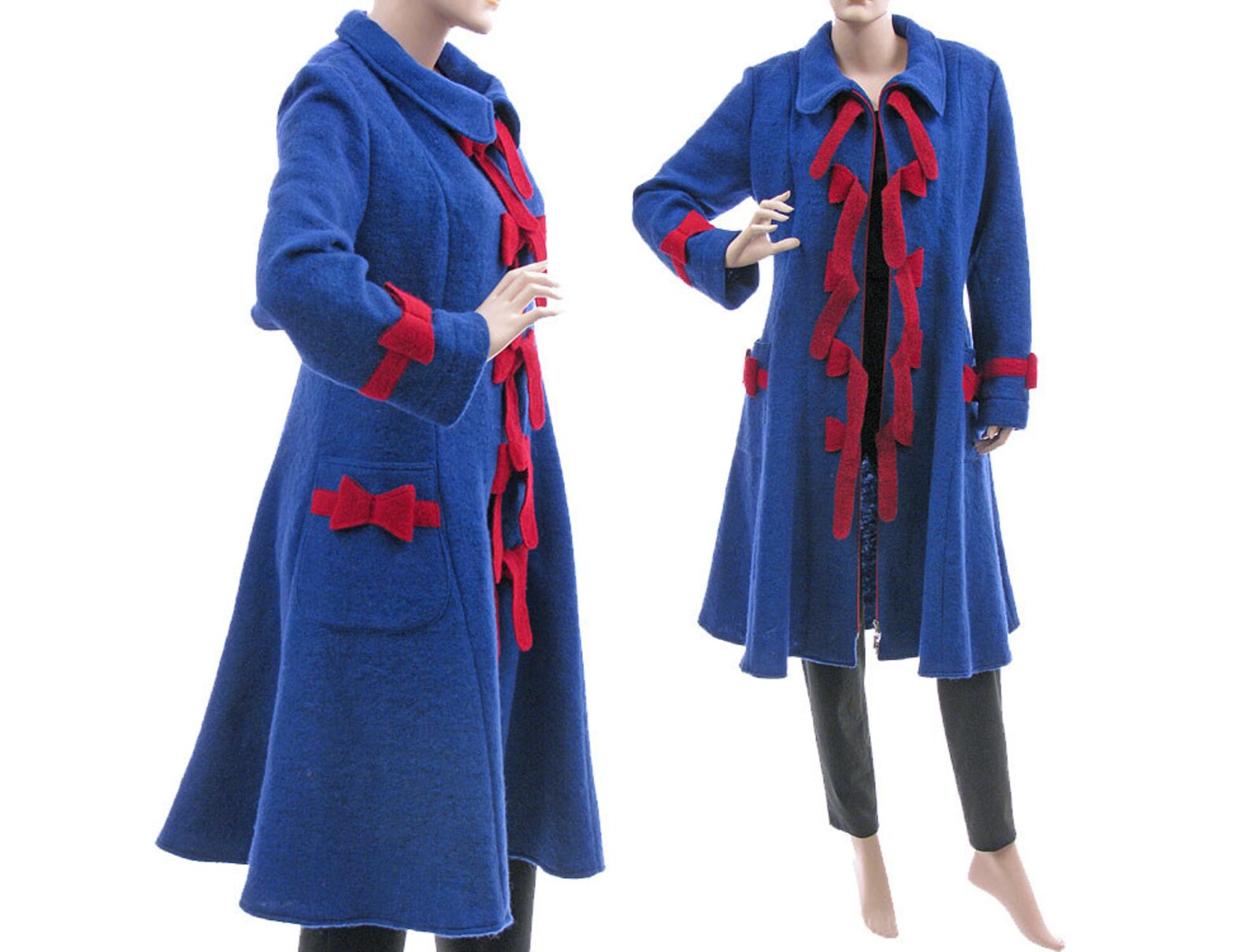 Cobalt Blue Boiled Wool Coat With Red Bows, Blue Fall Winter Rockabilly ...