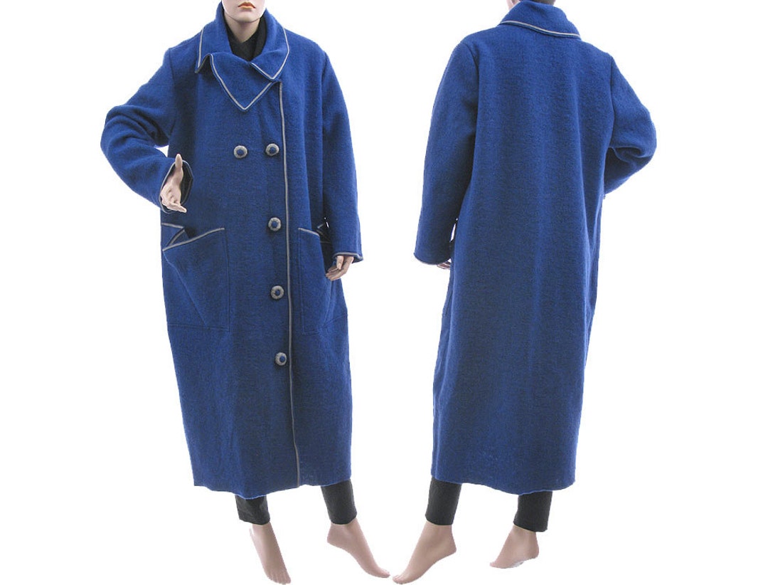 Blue Plus Size Maxi Coat, Oversized Blue Wool Maxi Coat, Fall Winter ...