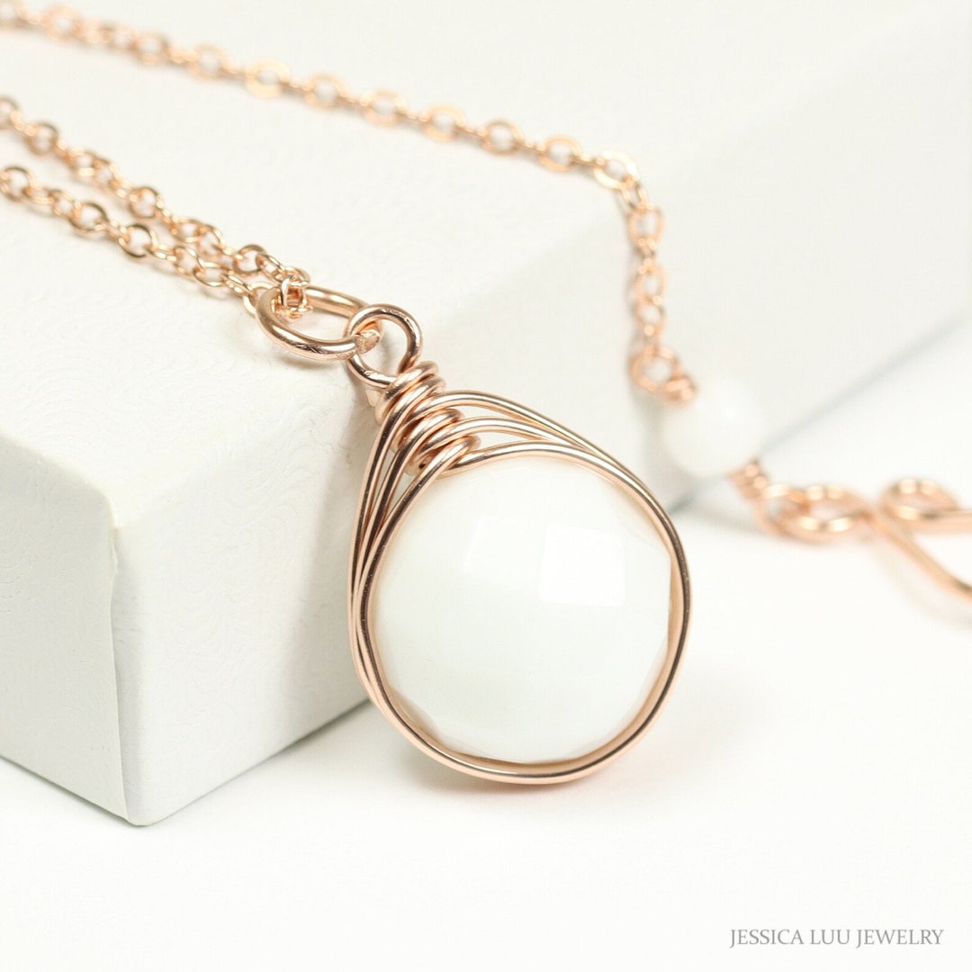 Handmade Rose Gold Alabaster Pendant Necklace: 12mm Gemstone Solitaire ...