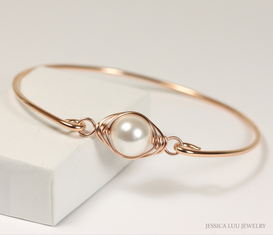 Rose Gold White Pearl Bangle Bracelet Wire Wrapped Jewelry Rose Gold ...