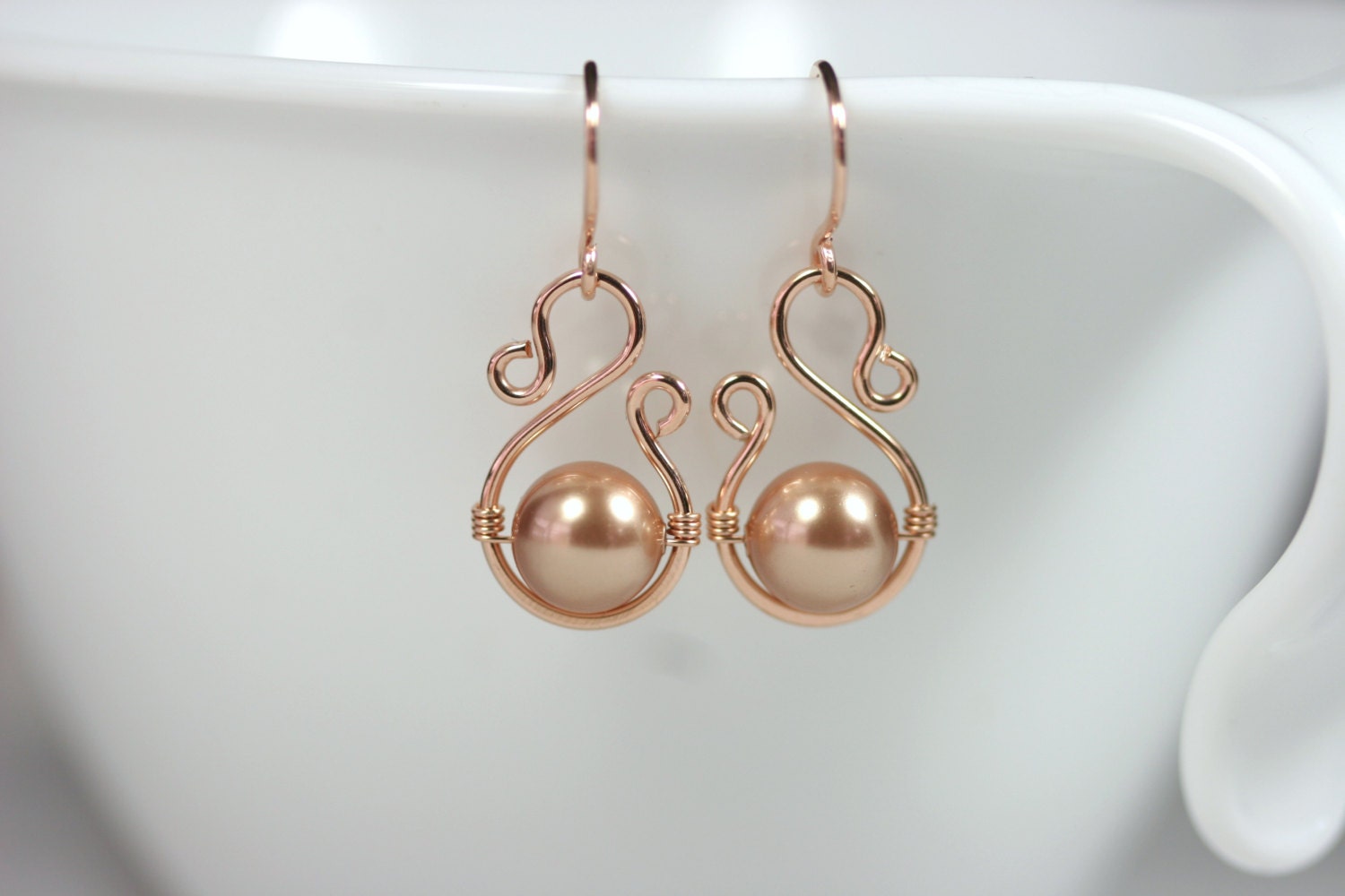 Rose Gold Pearl Earrings Rose Gold Dangle Earrings Pearl | Etsy