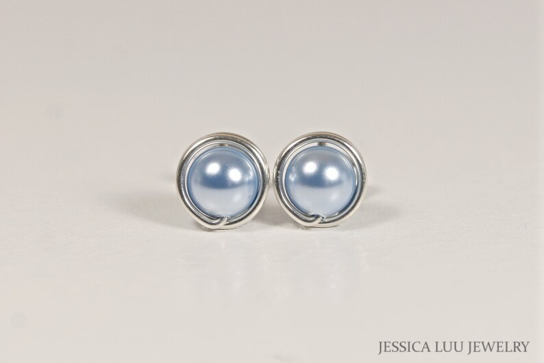Light Blue Pearl Stud Earrings Sterling Silver or Gold - Etsy