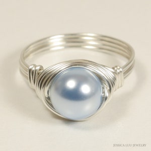 Light Blue Pearl Ring Wire Wrapped Jewelry Handmade Sterling Silver or ...