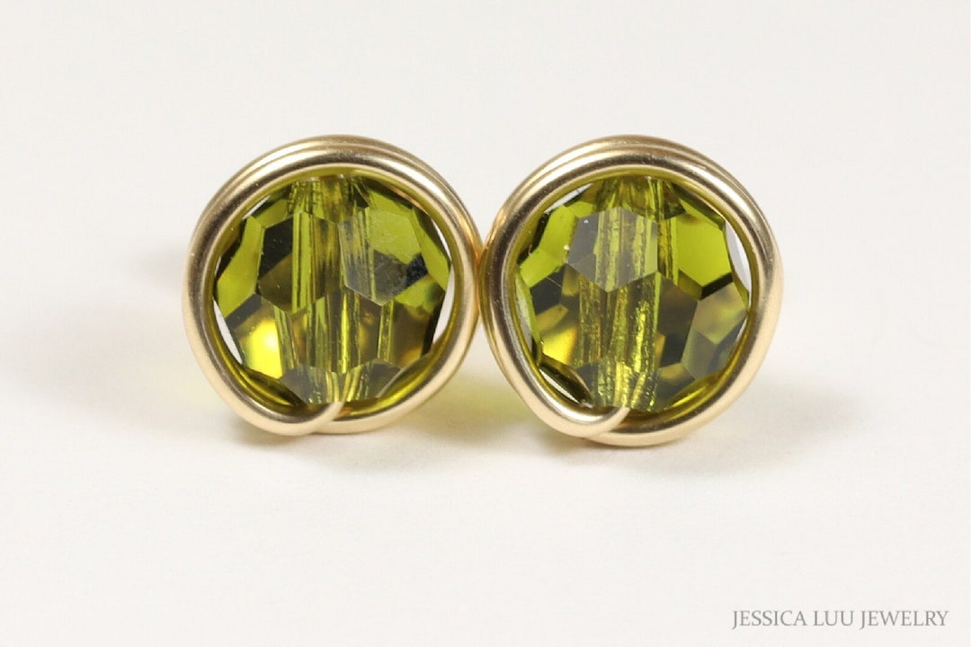 Gold Filled Olive Green Crystal Stud Earrings, Handmade Jewelry - Etsy