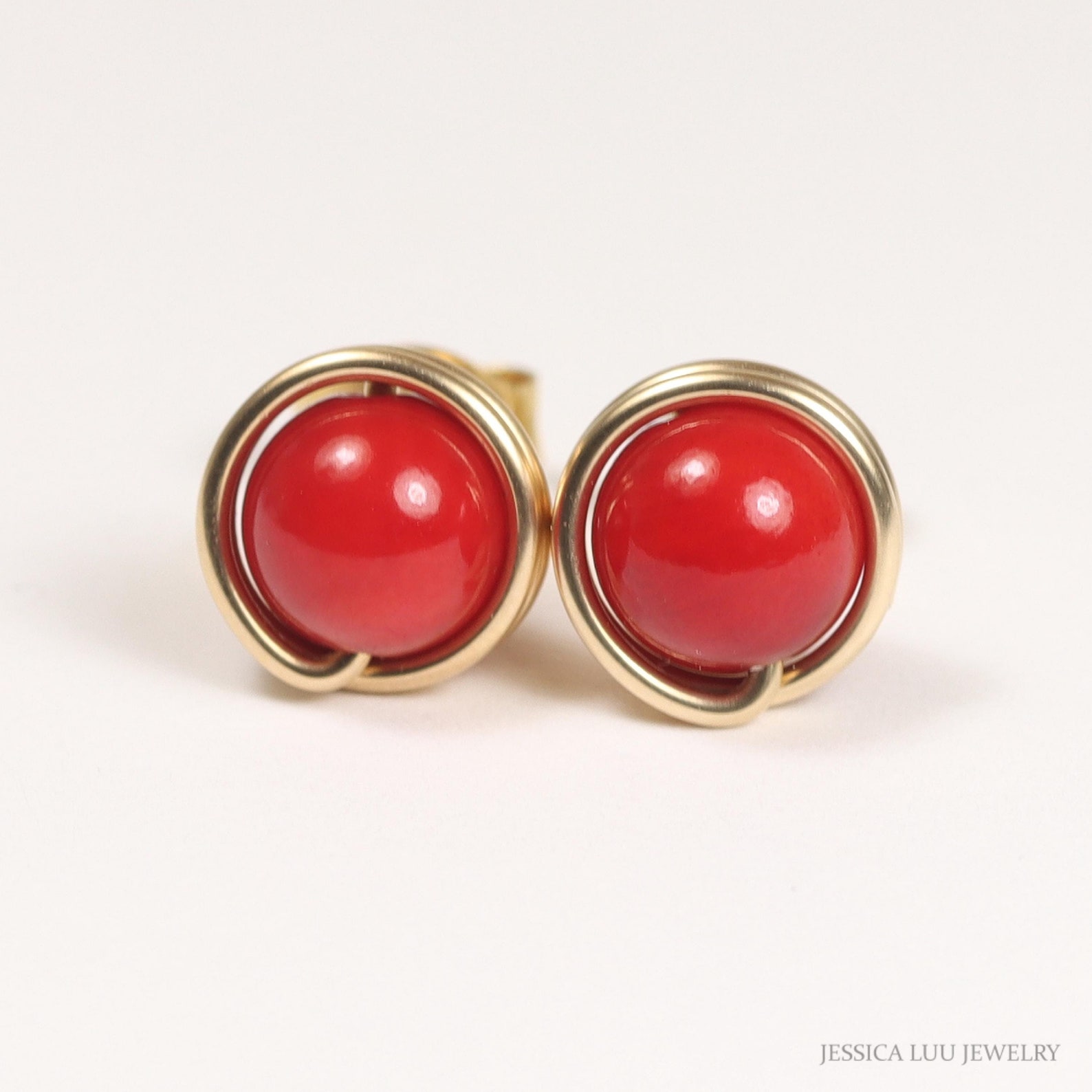 Gold Red Coral Gemstone Stud Earrings Wire Wrapped Jewelry Handmade ...