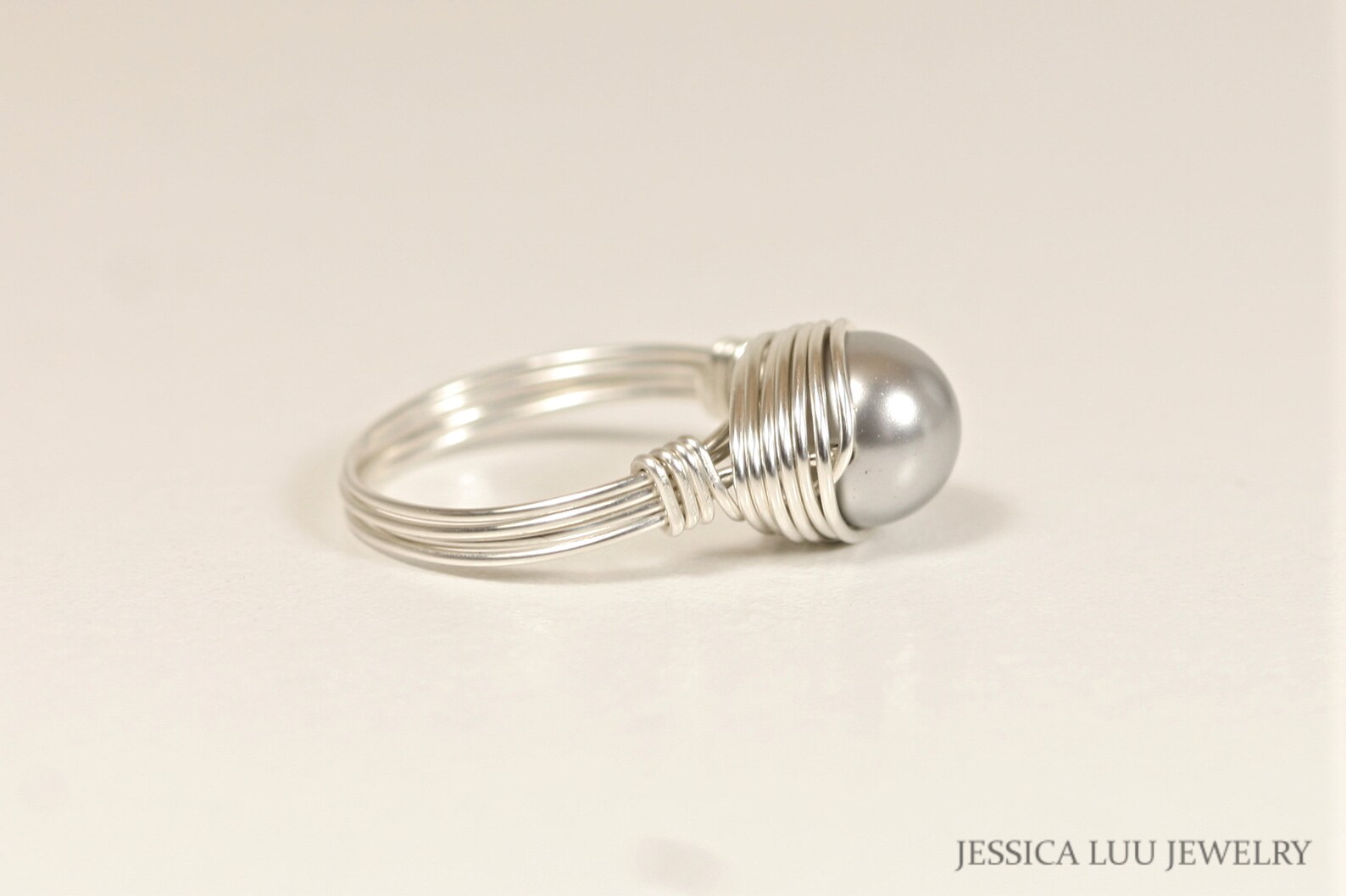 Sterling Silver Pearl Ring Wire Wrapped Round Light Grey | Etsy