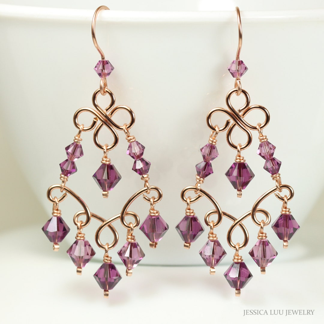 Rose Gold Amethyst Purple Chandelier Earrings Wire Wrapped Austrian ...