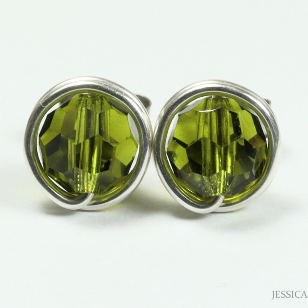 Handmade Olive Green Crystal Stud Earrings: Sterling Silver or Gold ...