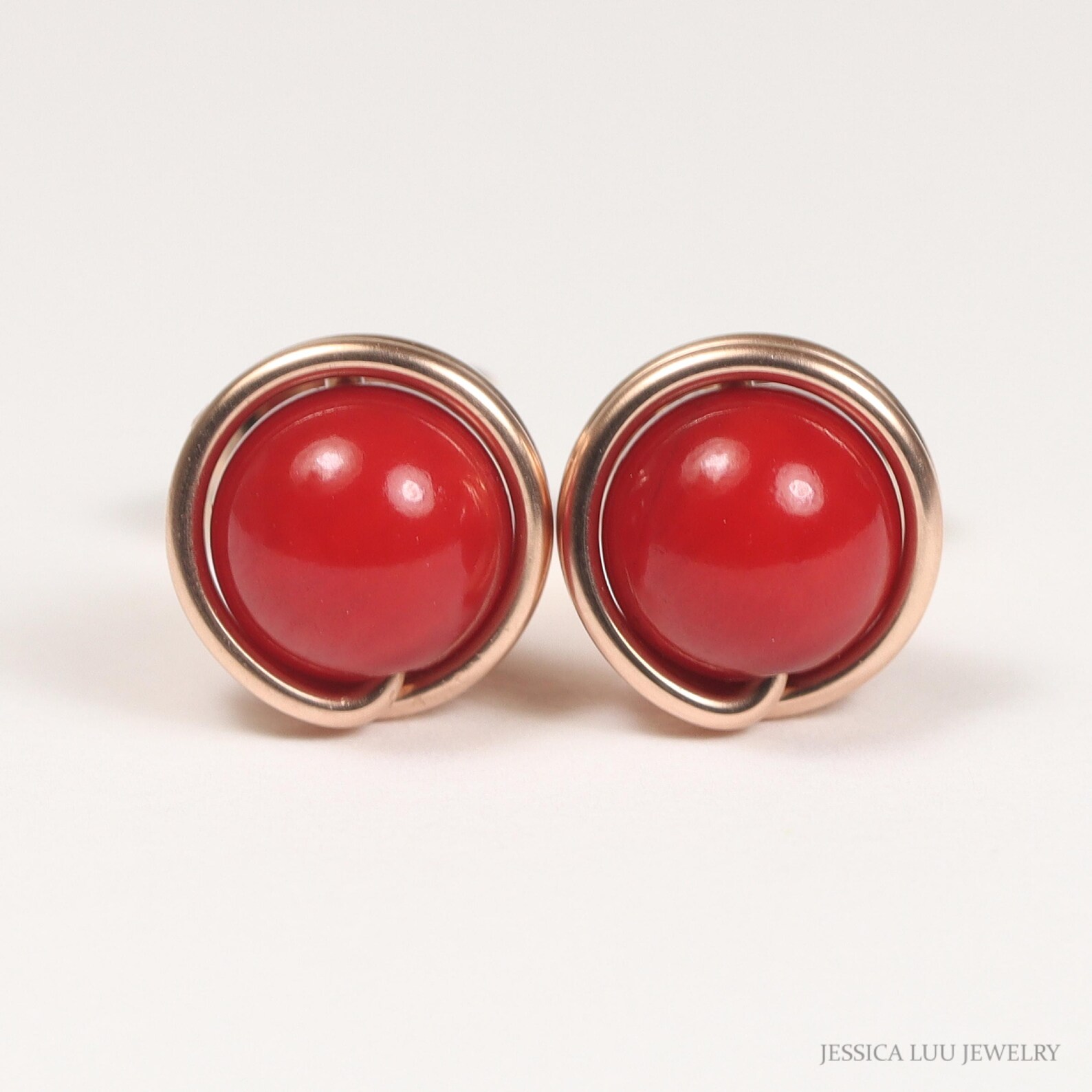 Gold Red Coral Gemstone Stud Earrings Wire Wrapped Jewelry Handmade ...