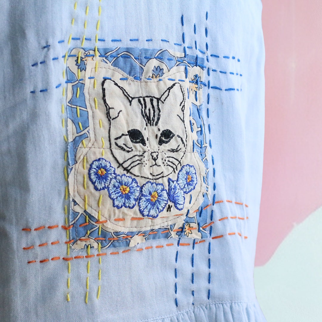 Floral Cat Shirt With Boro Hand Embroidery Cotton 8 37 Inches - Etsy