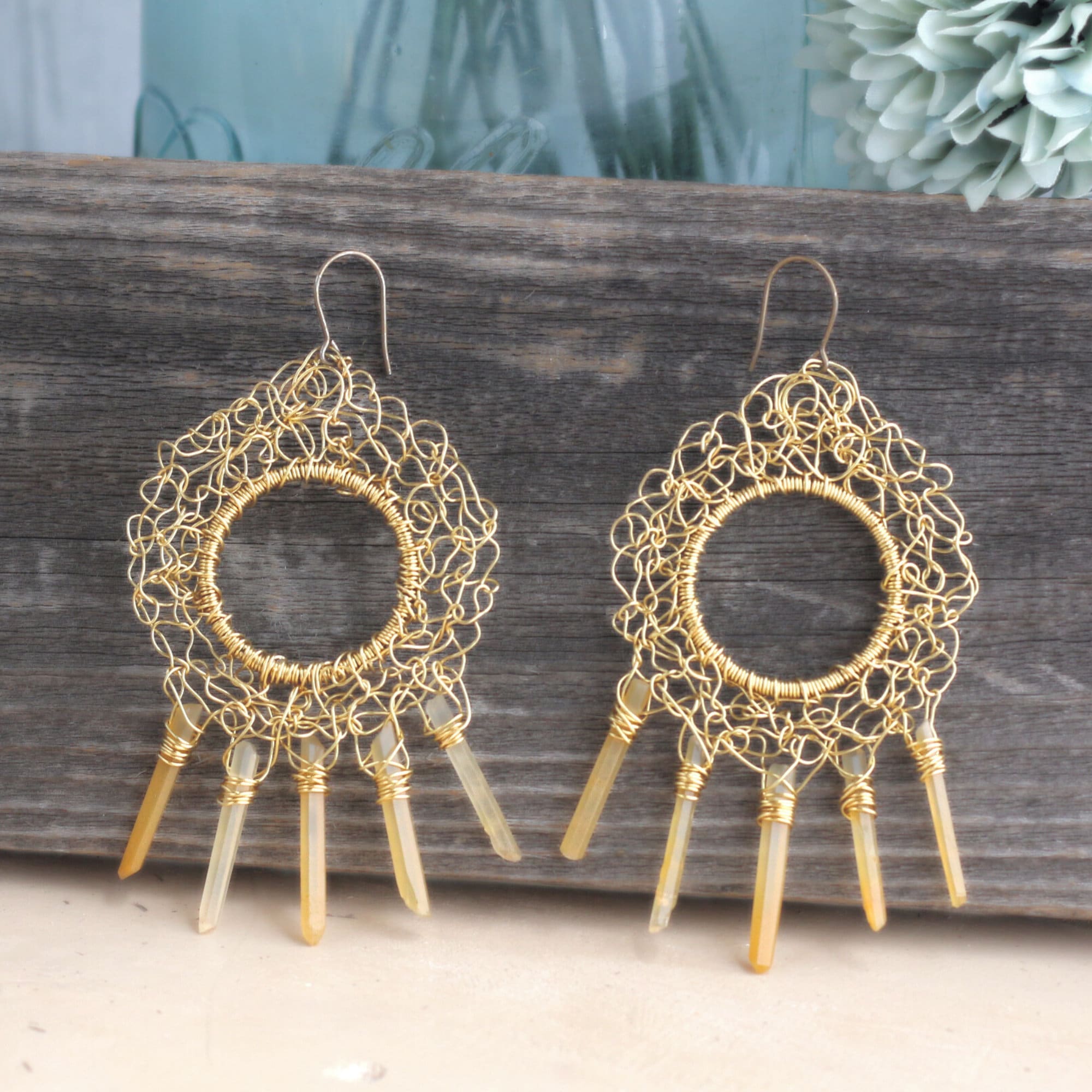 Raw Crystal Earrings, Cottagecore Jewelry, Yellow Quartz Wire Crochet ...