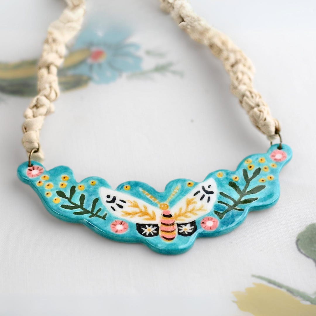 Hand Painted Ceramic Moth Necklace, Colorful Cottagecore Jewelry - Etsy
