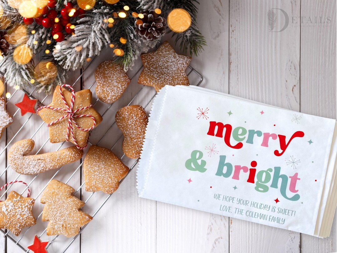 Personalized Merry & Bright Gift Bags, Retro Holiday Goodie Bags ...