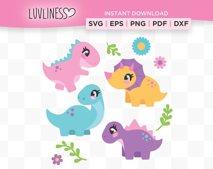 Set of 4 Girl Dinosaur SVG for Cricut & Silhouette, Pink Dinosaur SVG ...