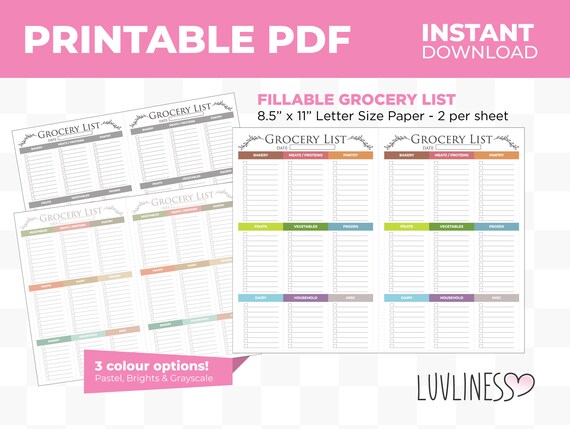 Paper Grocery shopping Printable and fillable PDF Simple shopping list ...