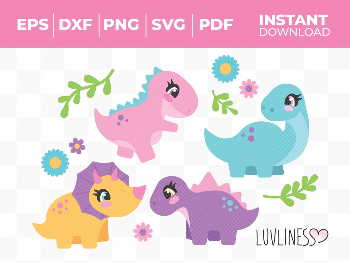 Set of 4 Girl Dinosaur SVG for Cricut & Silhouette, Pink Dinosaur SVG ...