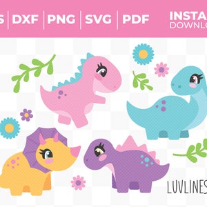 Set of 4 Girl Dinosaur SVG for Cricut & Silhouette, Pink Dinosaur SVG ...