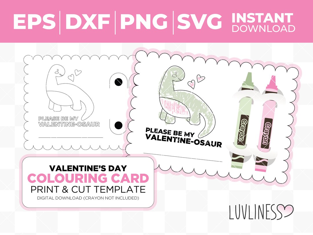 Valentine's Day Coloring Card SVG | Dinosaur SVG | Instant Download for ...