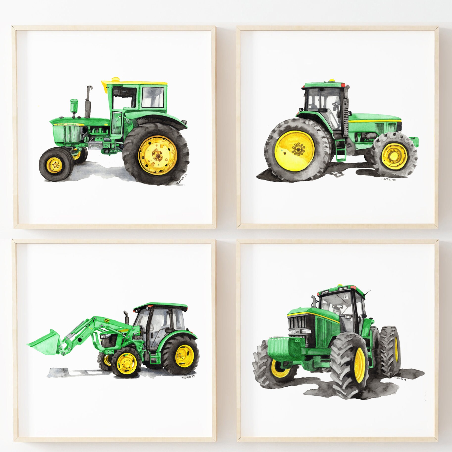 Printable Green Tractor Gallery Wall, Watercolor Digital Prints ...